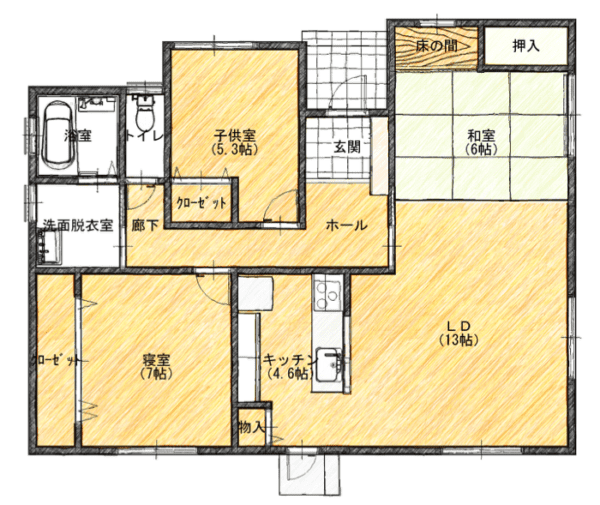 平屋プラン26 3LDK | KIRIN HOUSE｜最大160万GX補助金開始、山口で完全自由設計をローコストで建てるなら