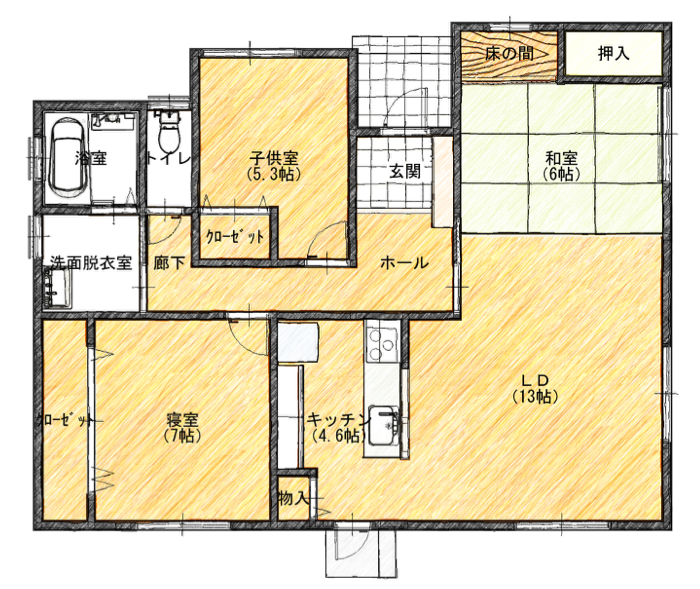 平屋プラン26 3LDK | KIRIN HOUSE｜最大160万GX補助金開始、山口で完全自由設計をローコストで建てるなら